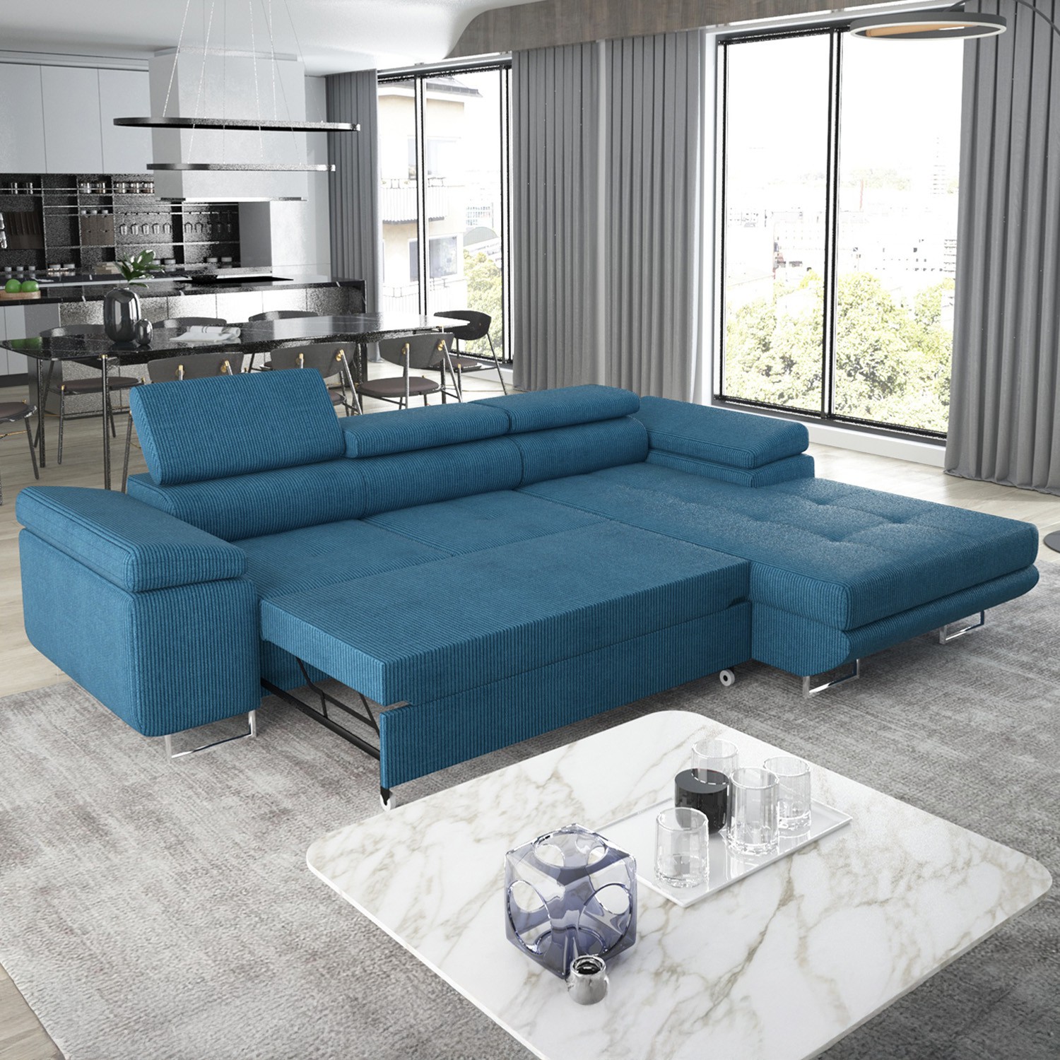 Canapé d'angle droit convertible Alphonso velours côtelé Bleu