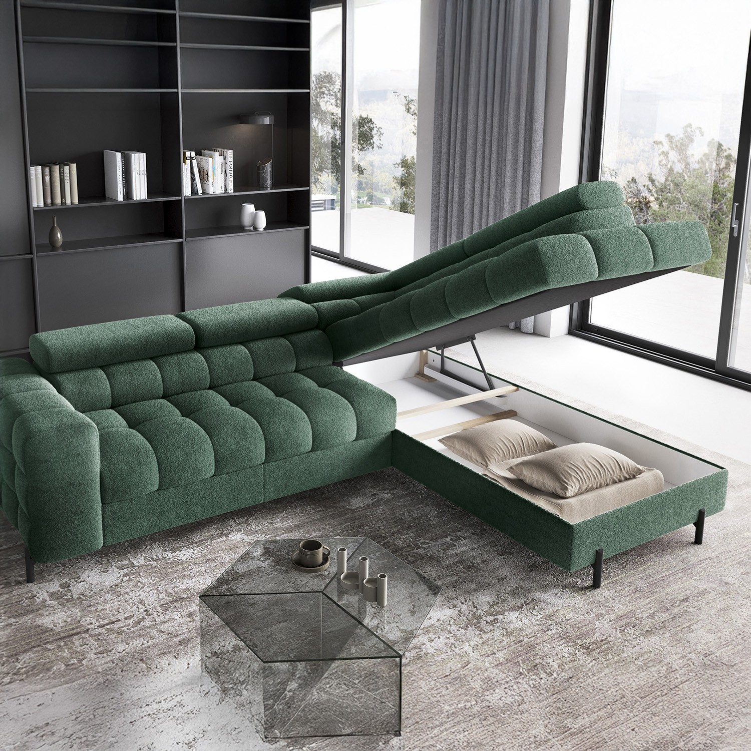 Canapé d'angle droit convertible Strato Velours Vert