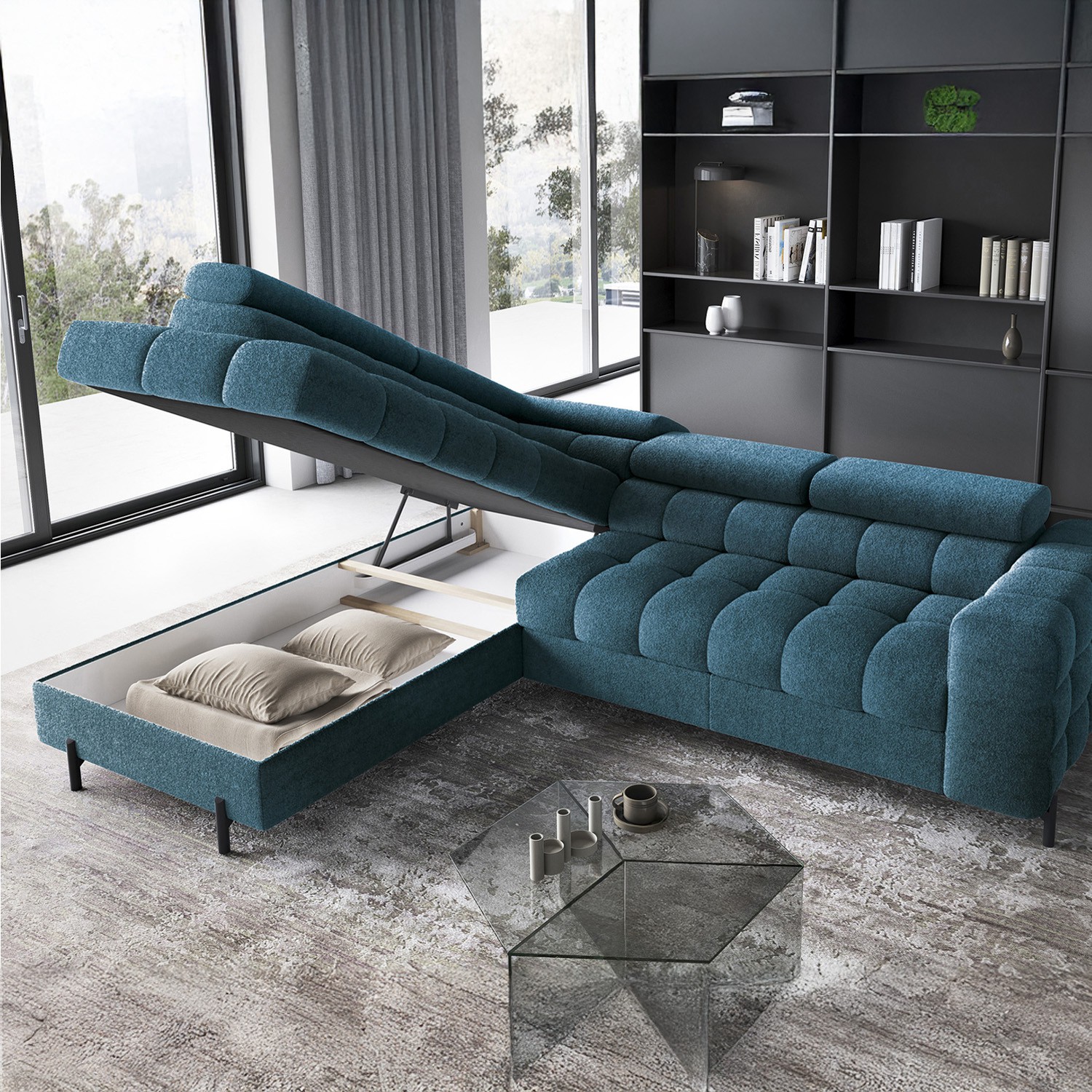 Canapé d'angle gauche convertible Strato Velours Bleu