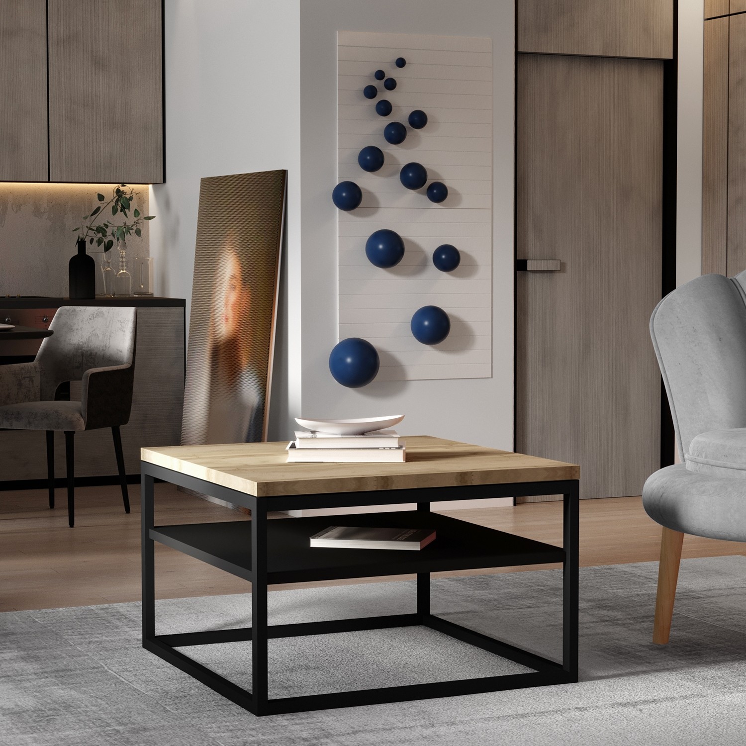Table basse de style industriel Tess pieds noir effet chêne