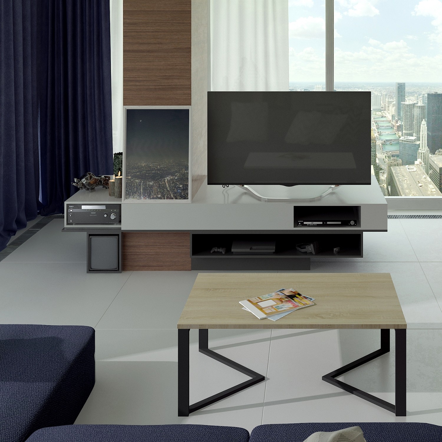 Table basse de style industriel Méryl effet Chêne